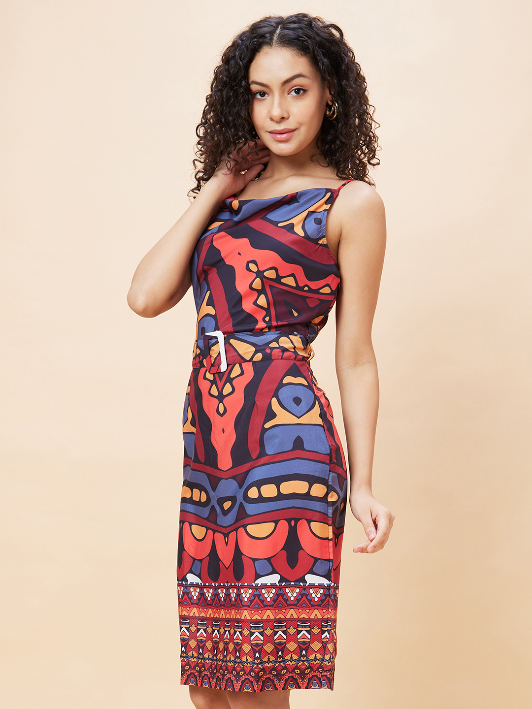 Globus Women Boho Abstract Print Cowl Neck Belted Bodycon Dress
