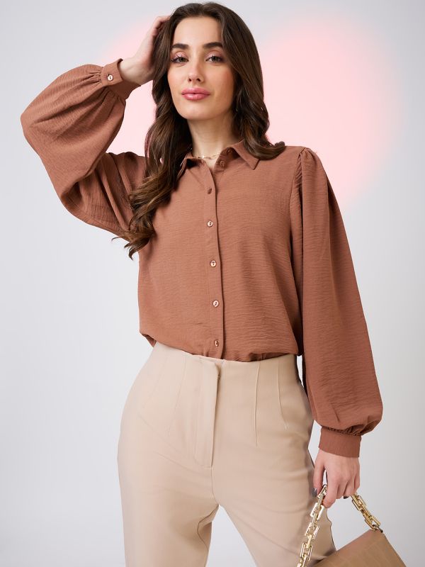 Globus Women Brown Collared Neck Cuffed Sleeves Shirt Style Work Wear Top