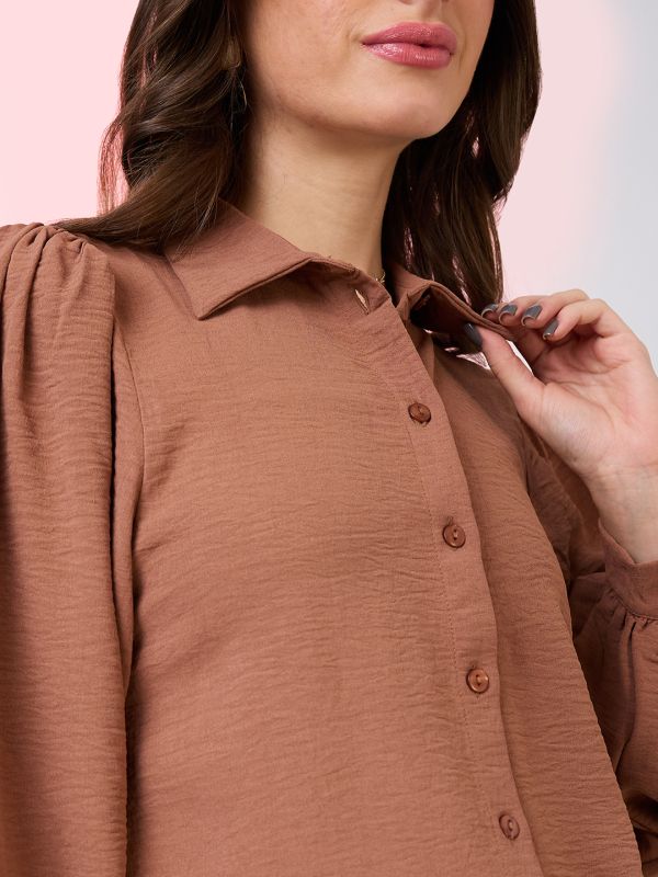 Globus Women Brown Collared Neck Cuffed Sleeves Shirt Style Work Wear Top