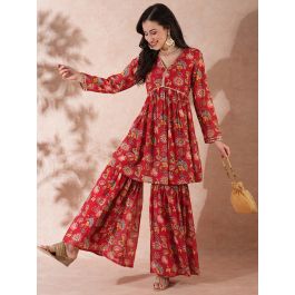 Globus Women Maroon Allover Floral Print V-Neck Alia Cut Tunic With ...