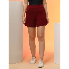 Globus Women Maroon Stretchable High Rise Loose Fit Knitted Sport Shorts