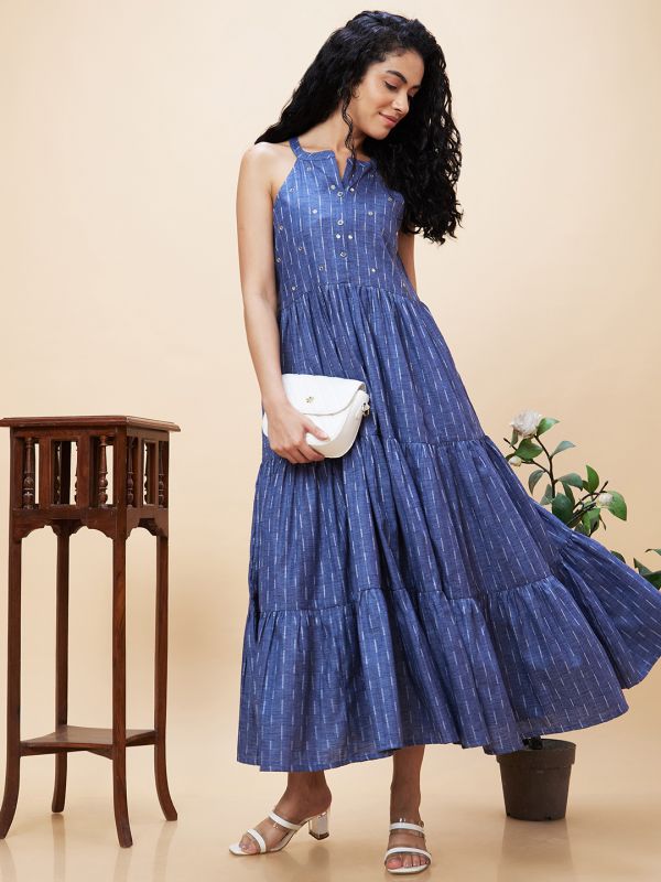 Globus Women Blue Self Design Halter Neck Sleeveless Casual A-Line Maxi ...