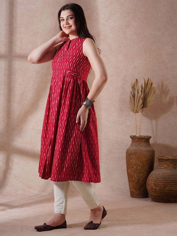 Globus Women Maroon Striped Mandarin Collar Pleated Button-Down Front ...