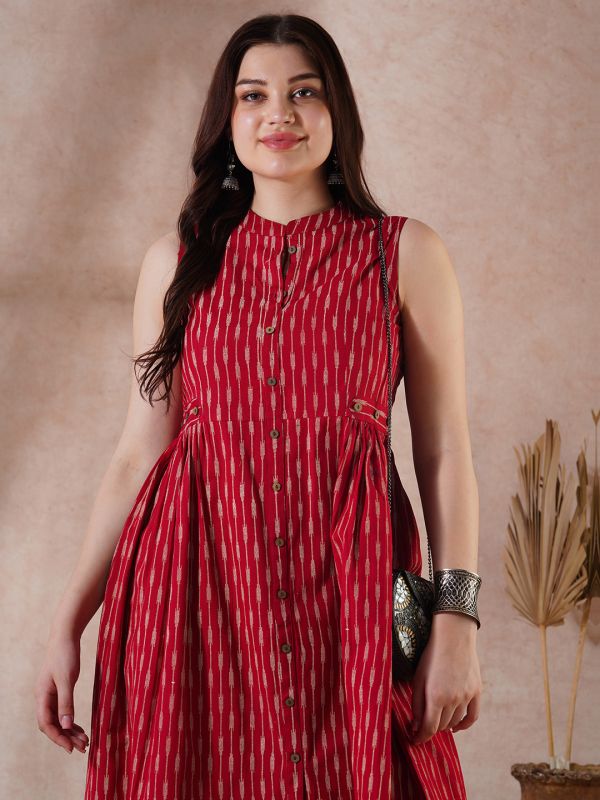 Globus Women Maroon Striped Mandarin Collar Pleated Button-Down Front ...