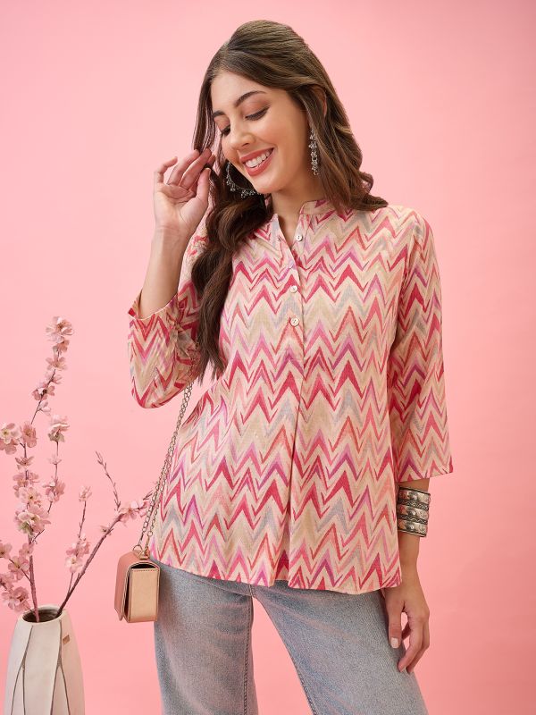 Globus Women Pink Mandarin Collar Chevron Print Curved High-Low Hem ...