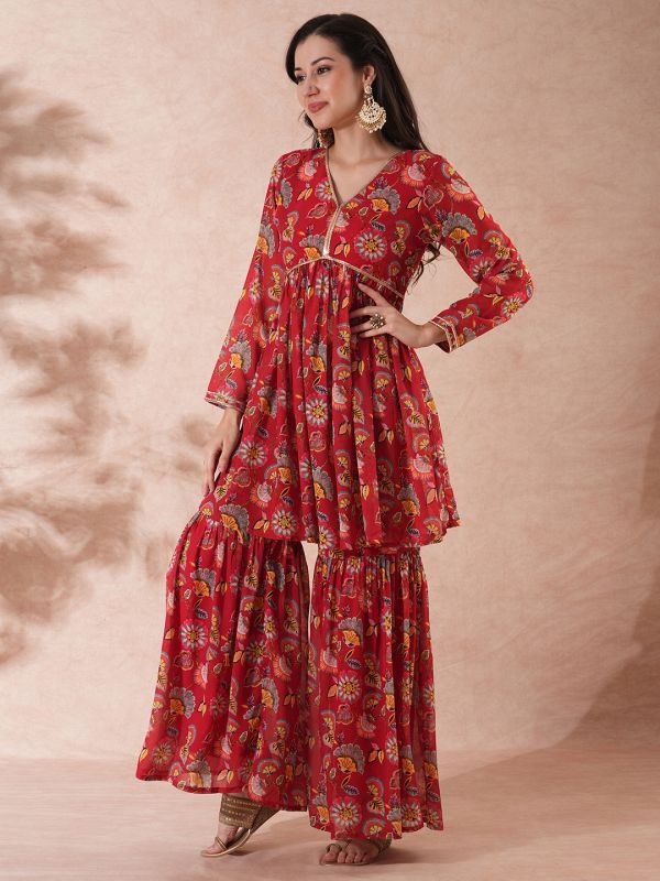 Globus Women Maroon Allover Floral Print V-Neck Alia Cut Tunic With ...